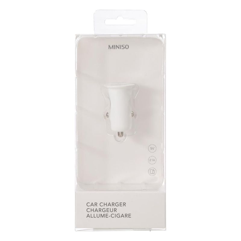 Car charger for smartphone, Miniso, 12V, 2.1 A, white color