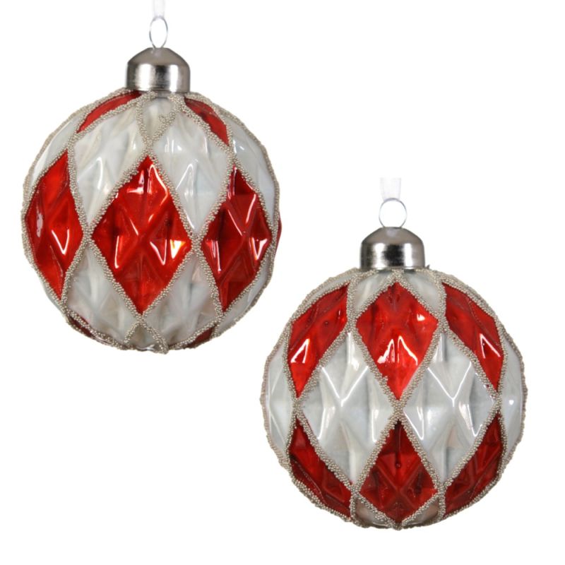 Decorative sphere, glass, red color with white, D8 cm | Mega