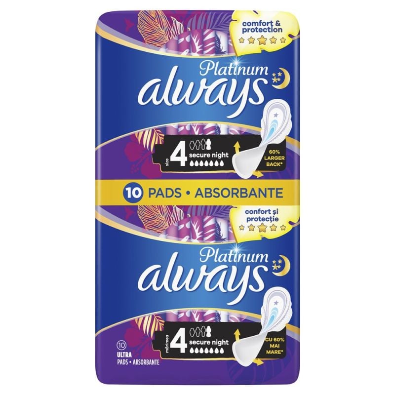 Sanitary pads, Always, Duo Platinum Night Secure, 10 pieces
