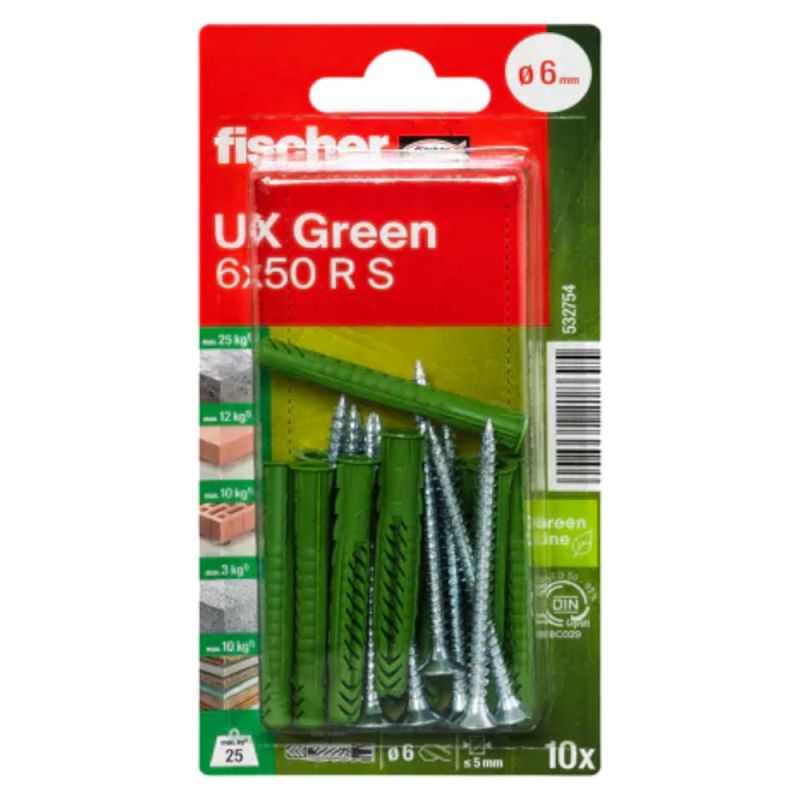 fischer universal dowel UX Green 6 x 60 RS with edge and scr